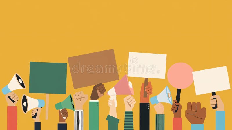 Diverse Hands Holding Protest Signs and Megaphones Against Yellow ...