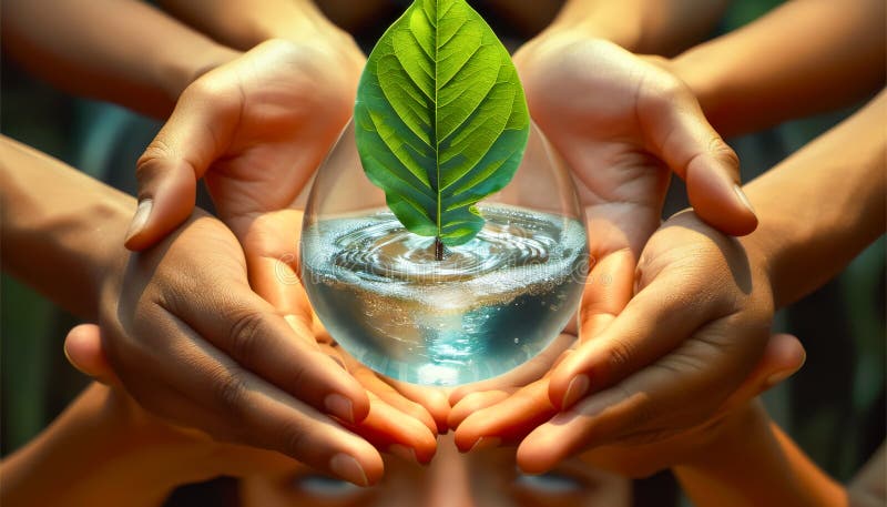 Diverse Hands Holding a Sphere of Water Encasing a Green Leaf. World ...