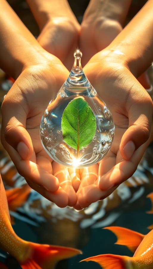 Diverse Hands Holding a Sphere of Water Encasing a Green Leaf. World ...