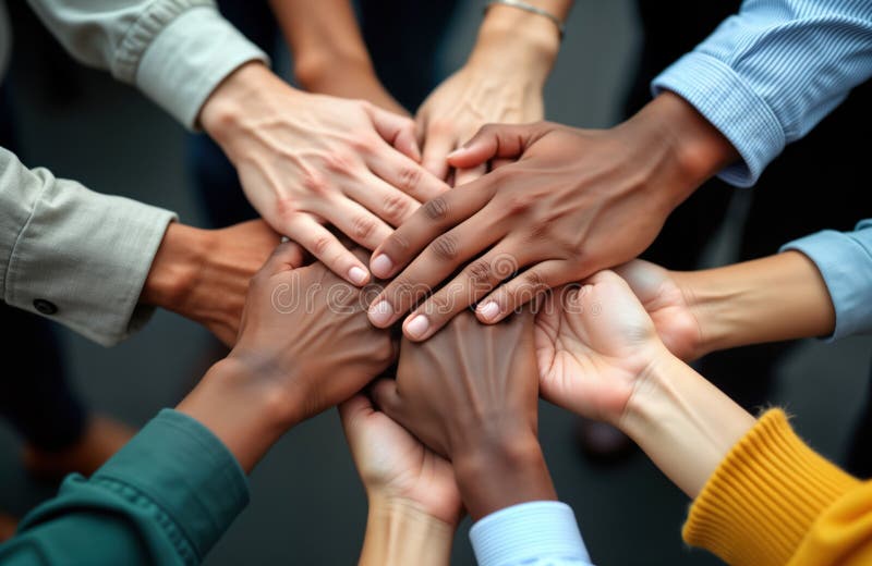 Diverse Hands Join in Circle. Multiethnic Group Unites for Common Goal ...
