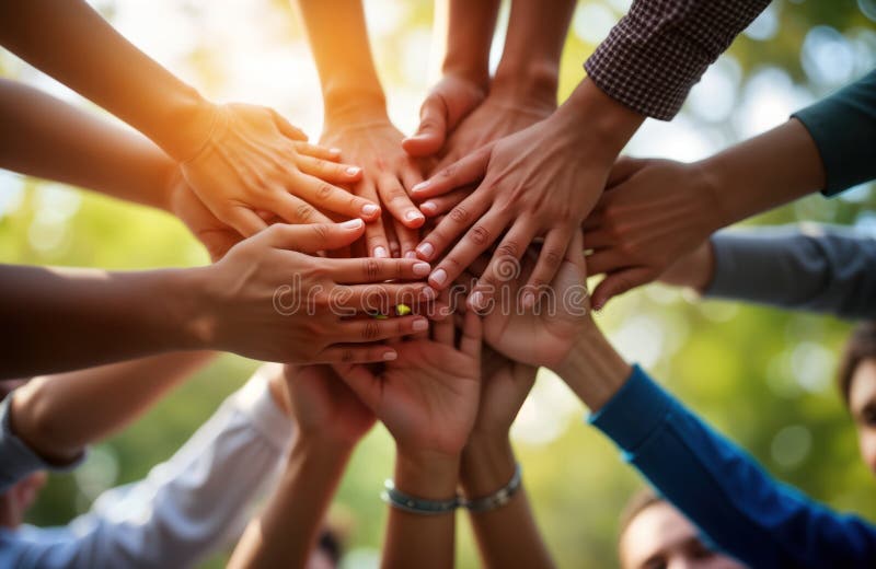 Diverse Hands Join Together Reaching for Sky. Unity, Support among ...