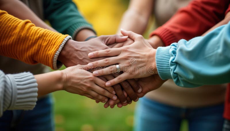 Diverse Hands Join in Unity Outdoors. Teamwork, Community Support ...