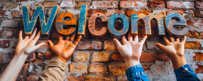 Diverse Hands Raised and Holding Colorful Letters Spelling Welcome ...