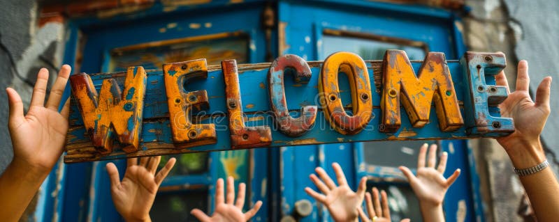 Diverse Hands Raised and Holding Colorful Letters Spelling Welcome ...