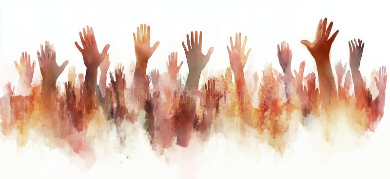 Diverse Hands Raised in Unity and Celebration with Colorful Watercolor ...