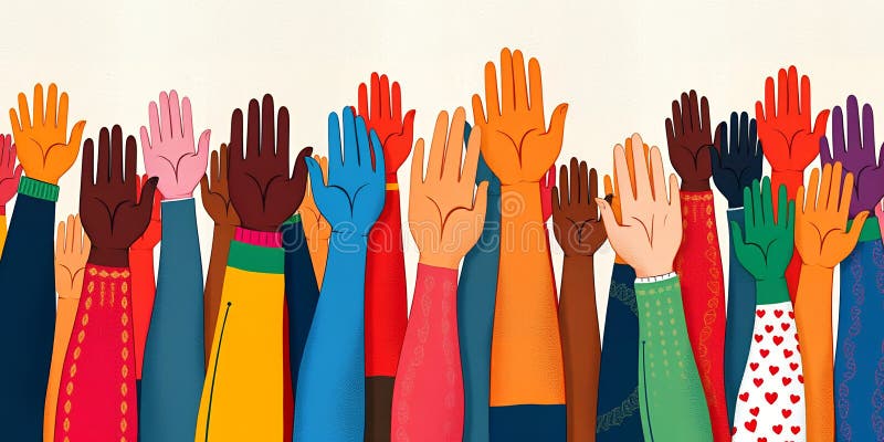 Diverse Hands Raised in Unity Multicultural Group Showing Participation ...