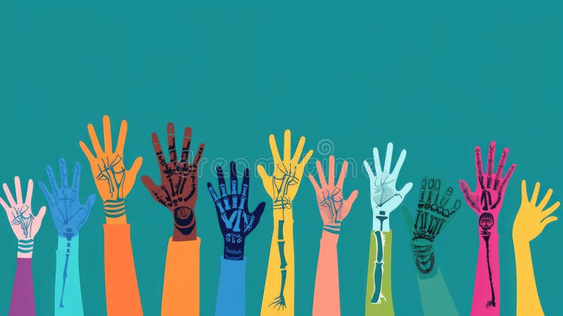 Diverse Hands Raised in Unity on a Vibrant Orange Background ...
