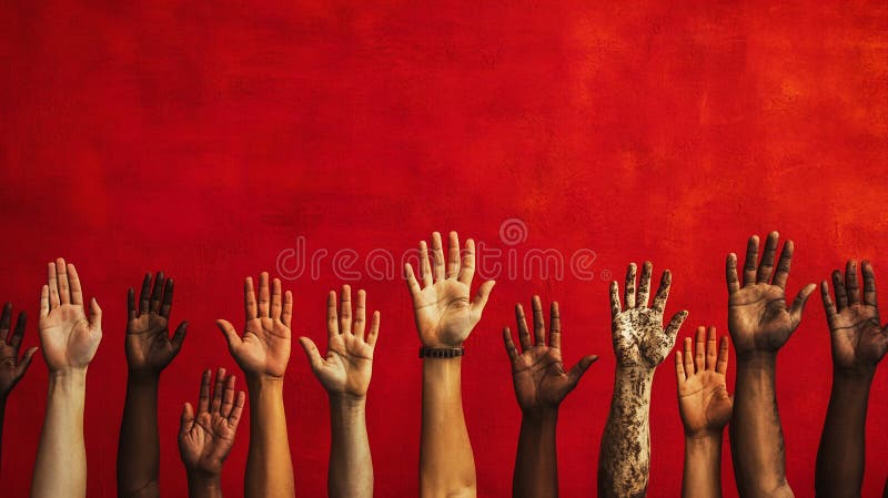 Diverse Hands Raised Up in Unity Against Red Background Stock ...