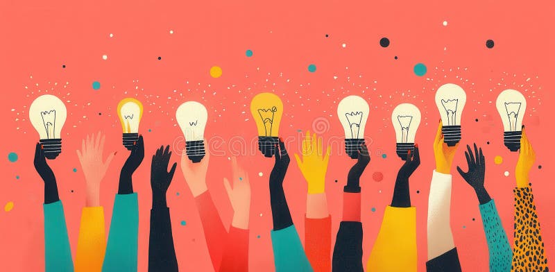 Diverse Hands Raising Lightbulbs Representing Ideas and Creativity in a ...