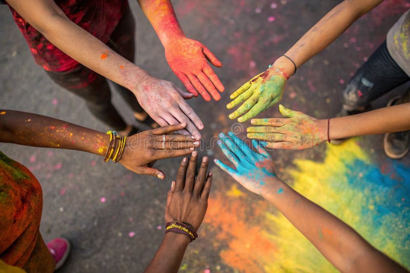 Diverse Hands Reaching Inward with Colorful Powder, Representing Unity ...