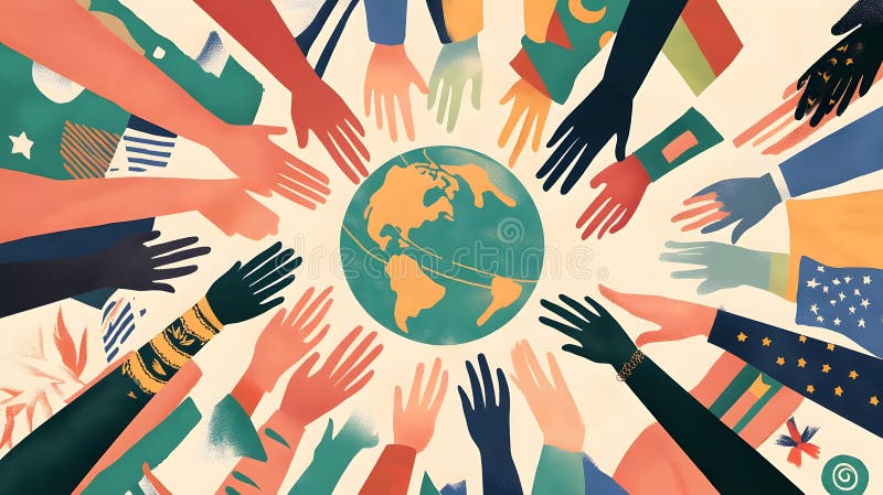 Diverse Hands Reaching Towards a Globe, Symbolizing Unity and Global Cooperation Stock ...