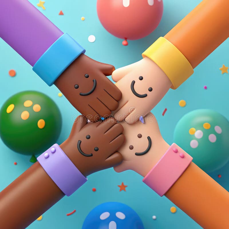 Diverse Hands Shaking, Unity and Cooperation, 3D Cartoon Illustration ...