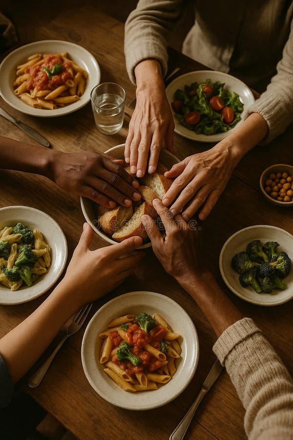 Diverse Hands Sharing Bread at Family Meal Table Stock Illustration ...