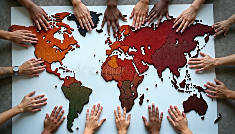Diverse Hands Touch World Map. Global Collaboration Shown. Volunteers ...