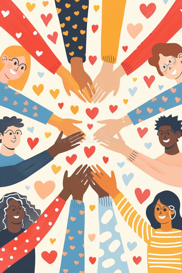 Diverse Hands Unite in a Circle of Support, Surrounded by Hearts ...