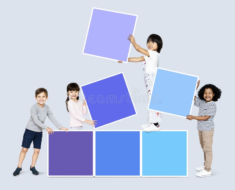 Diverse Happy Kids Stacking Empty Square Boards Stock Photo - Image of ...