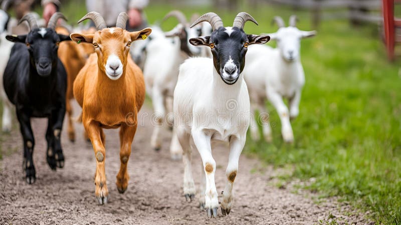 Diverse Herd of Goats Galloping Dynamically on a Rural Pathway with ...