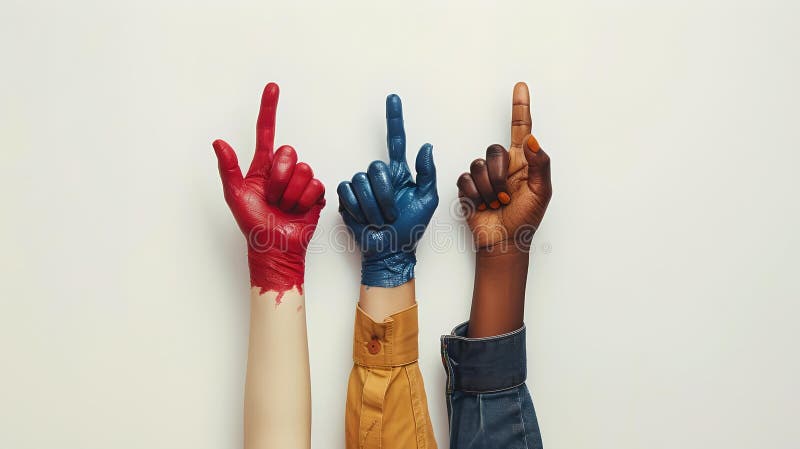 Diverse Human Hands Painted in Red, Blue, and Yellow, Point Upwards ...