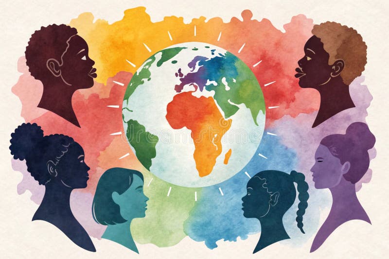Diverse Human Profiles Surrounding a Colorful Globe, Symbolizing Global ...