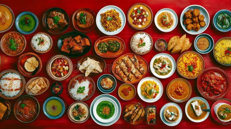 Diverse Indian Cuisine Spread on Vibrant Red Table with Rice, Curry ...