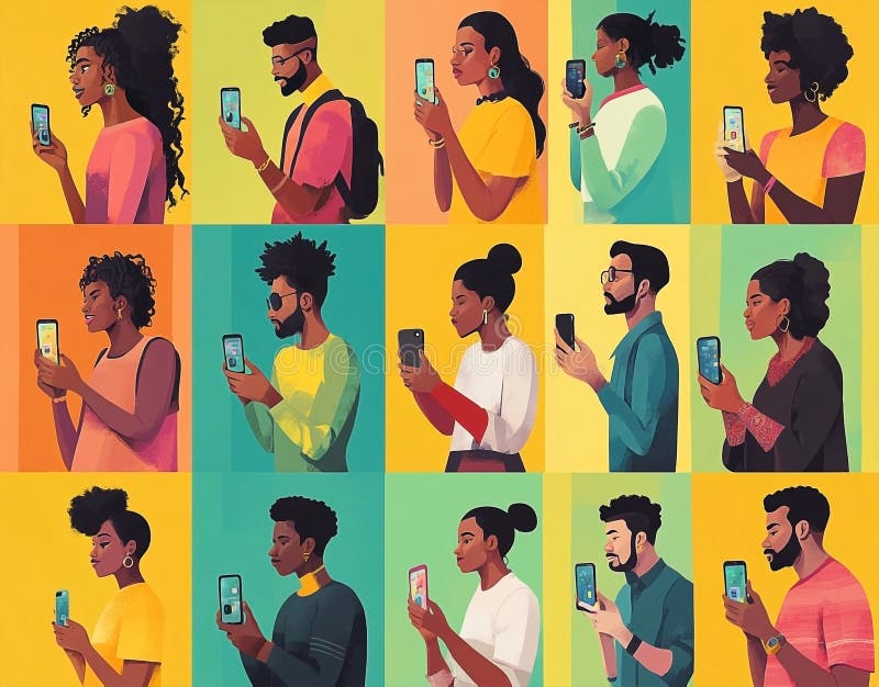 Diverse Individuals Engaging with Smartphones in a Stylized Grid ...