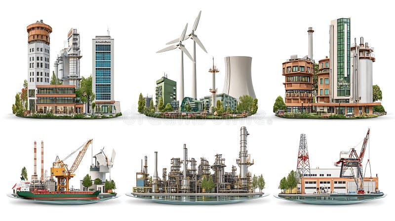 Diverse Industrial Complexes and Renewable Energy Sources Illustrated ...