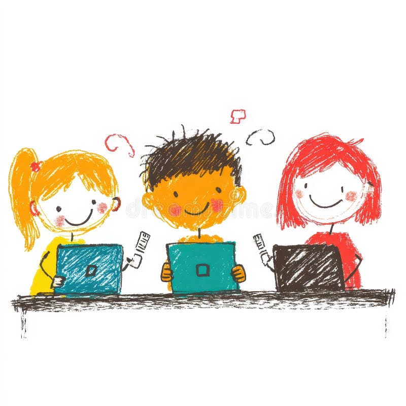 Diverse Kids with Laptops, Digital Learning Stock Illustration ...