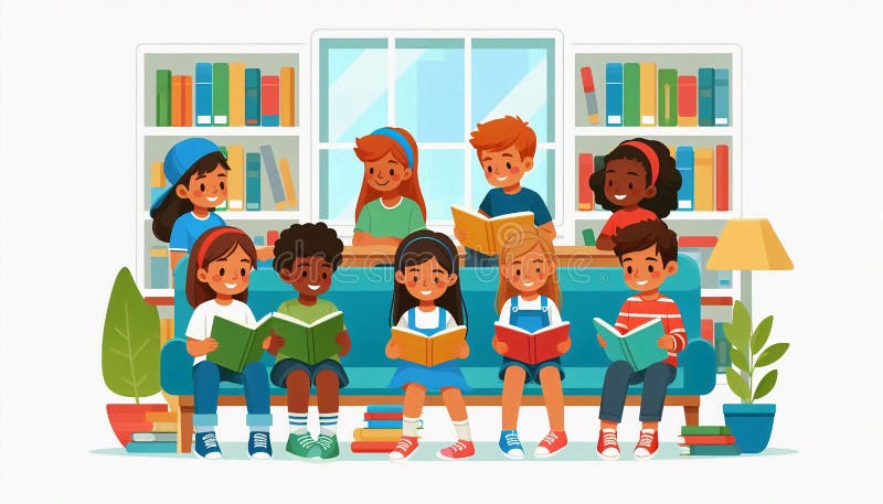 Diverse Kids in a Library Reading Books, Learning and Sharing Knowledge ...