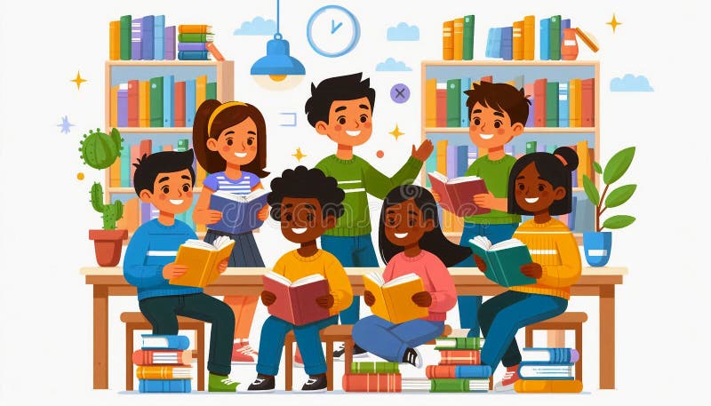 Diverse Kids in a Library Reading Books, Learning and Sharing Knowledge ...