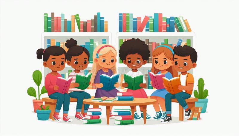 Diverse Kids in a Library Reading Books, Learning and Sharing Knowledge ...