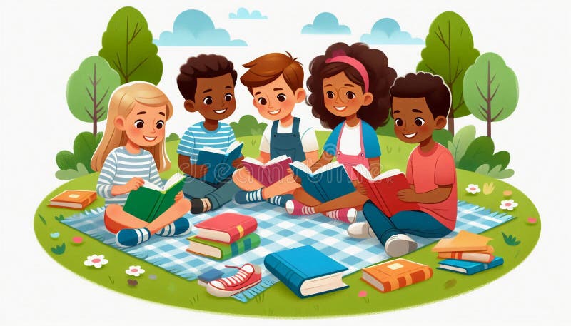 Diverse Kids Reading Books in the Park, Teamwork, Sharing, and Learning ...
