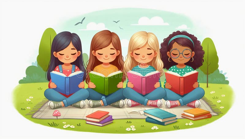 Diverse Kids Reading Books in the Park, Teamwork, Sharing, and Learning ...