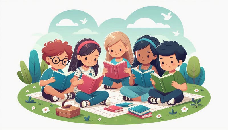 Diverse Kids Reading Books in the Park, Teamwork, Sharing, and Learning ...