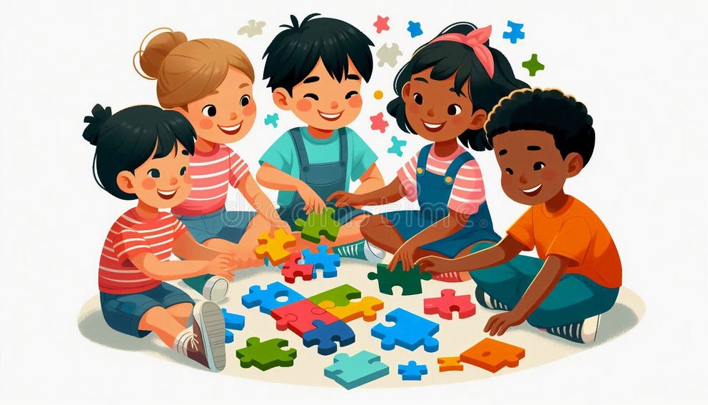 Diverse Kids Solving a Puzzle Together, Teamwork and Problem-solving ...