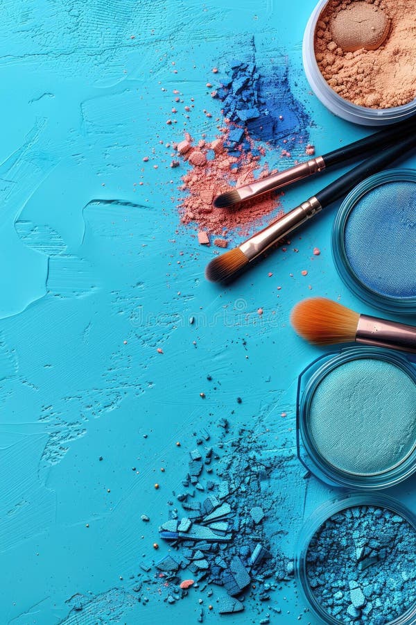 Diverse Makeup Items and Powders Scattered on a Turquoise Backdrop ...