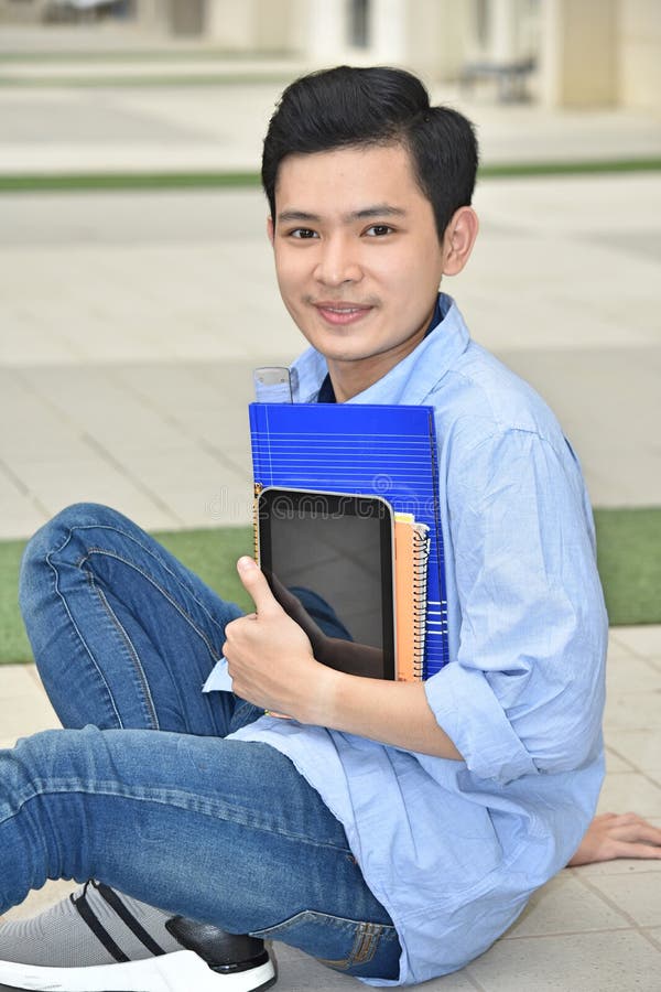 Diverse Male Student Smiling Sitting Stock Image - Image of happy ...