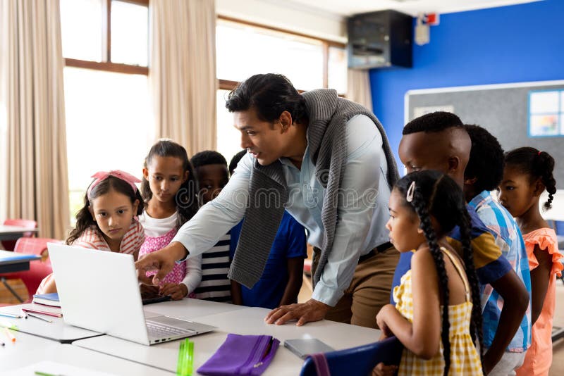 Happy Diverse Male Teacher Teaching Girl Using Sign Language in ...