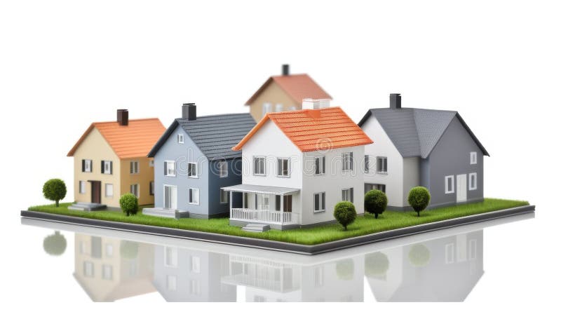 Diverse Model Houses on Grassy Plot with Reflection Stock Illustration ...