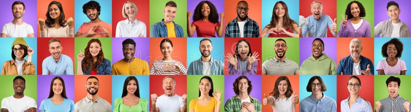 Diverse Males and Females Smiling Faces Over Colorful Backgrounds ... Diverse Males and Females Smiling Faces Over Colorful Backgrounds ...