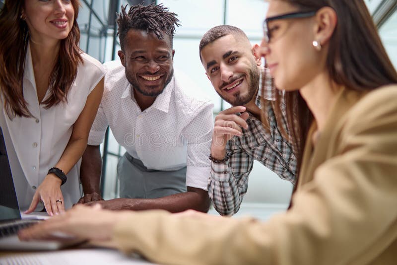 Colleagues Lean on the Conference Table and Discuss Business, App UI ...