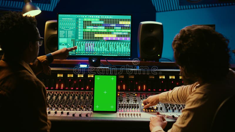 Diverse Music Experts Working with Greenscreen on Tablet and Mixing ...