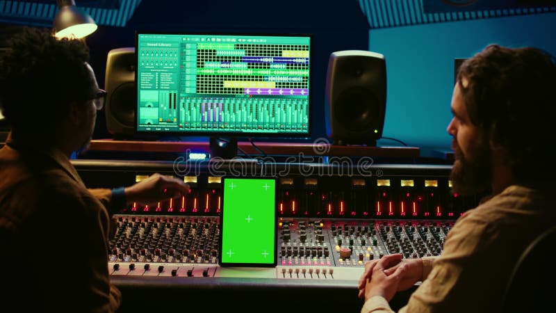 Diverse Music Experts Working with Greenscreen on Tablet and Mixing ...