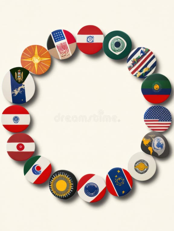 Diverse National Emblems and Flags Arranged in a Round Layout ...