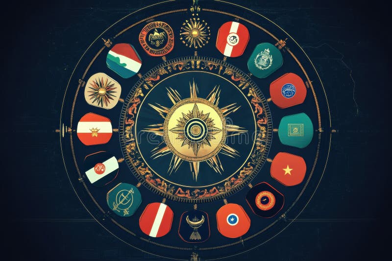 Diverse National Emblems and Flags Arranged in a Round Layout ...