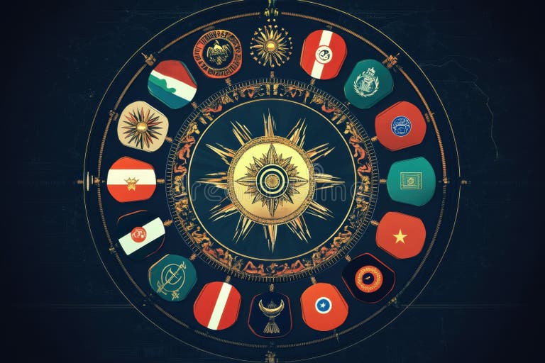 Diverse National Emblems and Flags Arranged in a Round Layout ...
