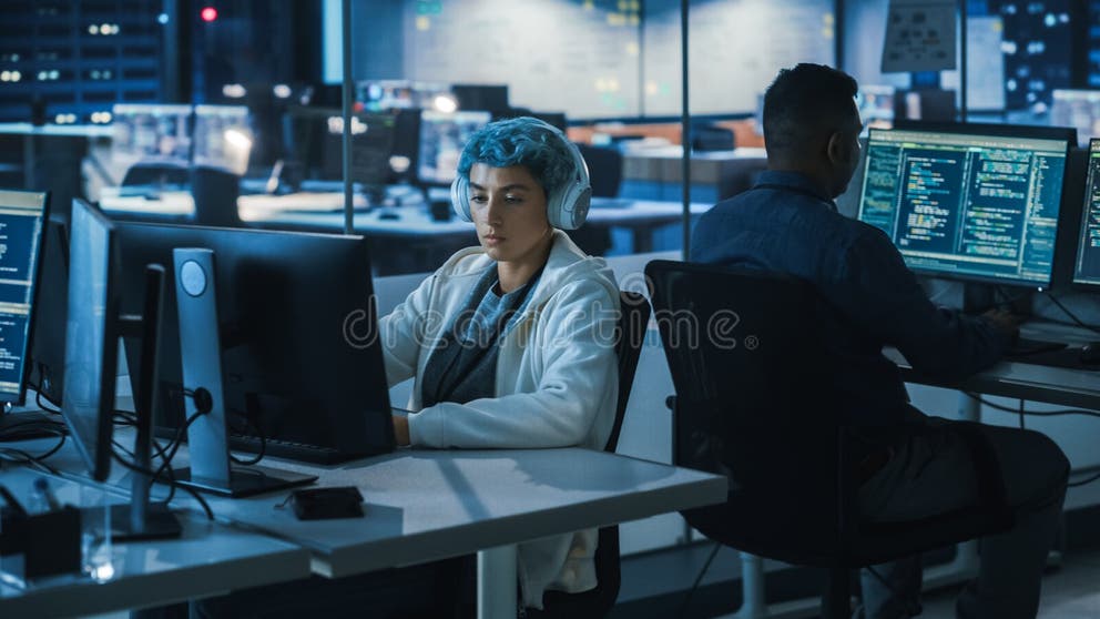 Diverse Office at Night: Multi-Ethnic Team of Young Programmers Working ...