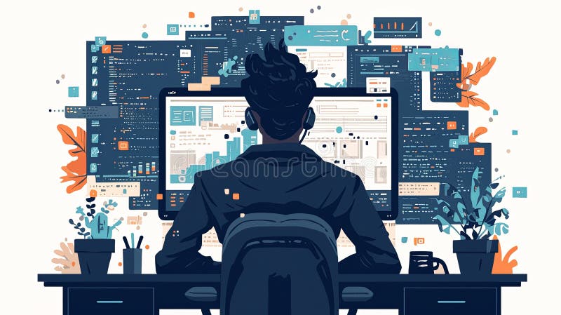 Diverse Office Setup Featuring Programmer Working On Code On Desktop Computer Stock Illustration