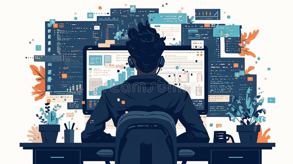 Diverse Office Setup Featuring Programmer Working on Code on Desktop ...