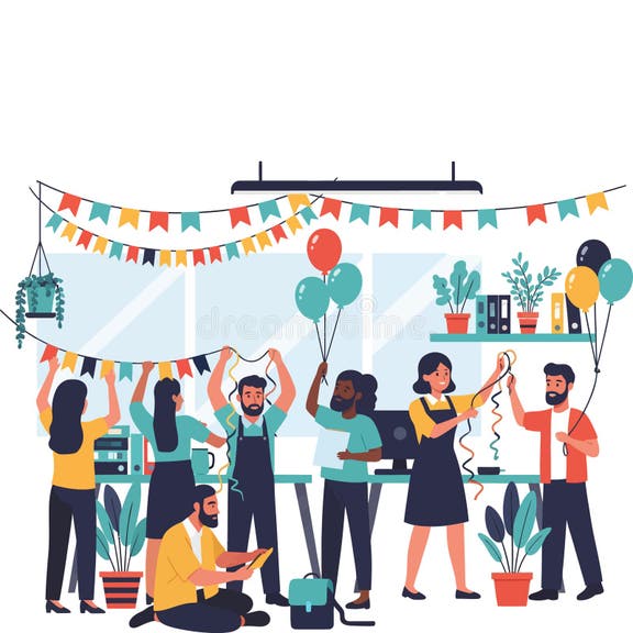 Diverse Office Team Decorating for a Workplace Party or Event Stock ...