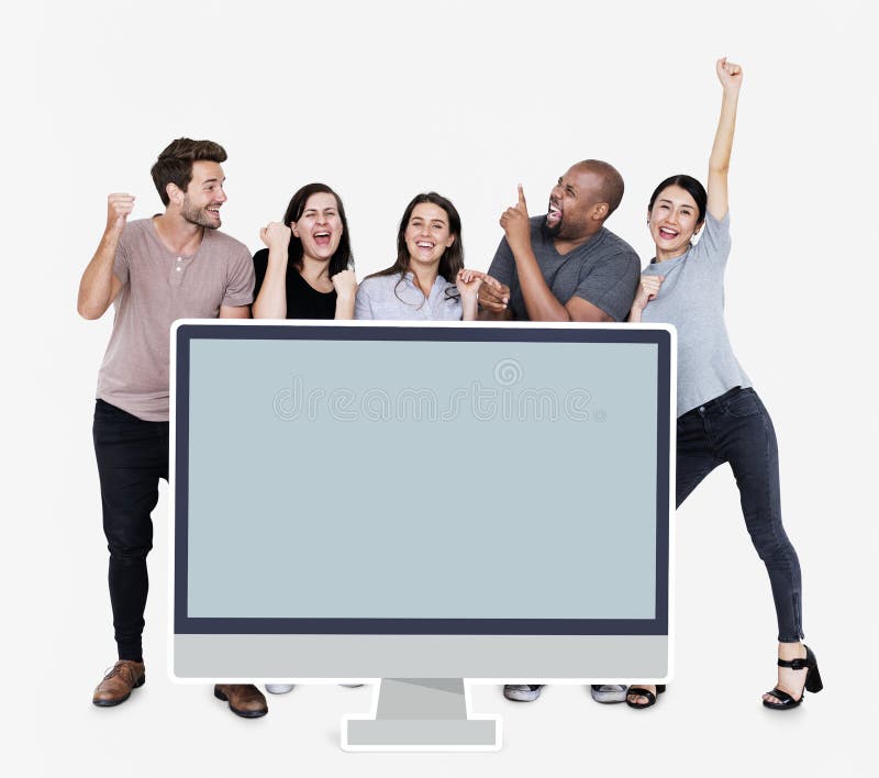 Diverse People with a Blank Computer Screen Mockup Stock Image - Image ...